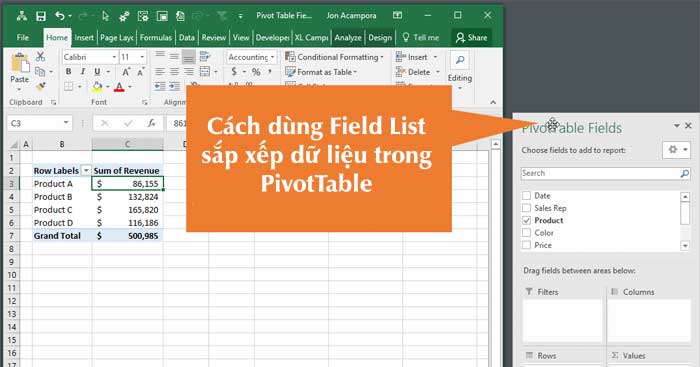 Học Excel - Bài 30: Dùng Field List để sắp xếp các trường trong PivotTable