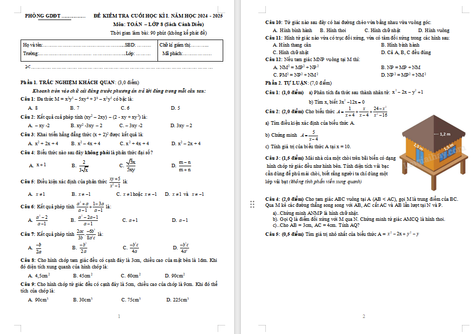 TOP 8 Đề thi cuối kì 1 Toán 8 Cánh diều (Có đáp án, ma trận)