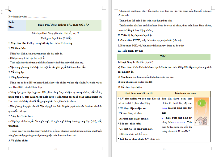 Giáo án PowerPoint Toán 9 Bài 2: Phương trình bậc hai một ẩn Giáo án Toán lớp 9 Chân trời sáng ...