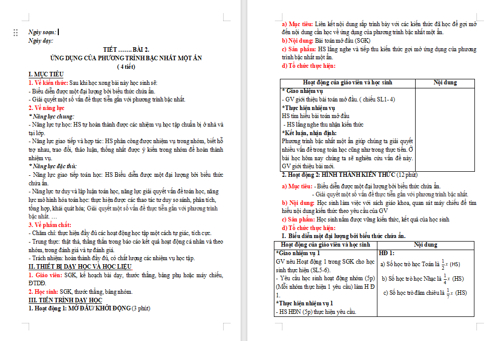 PowerPoint Toán 8 Bài 2: Ứng dụng của phương trình bậc nhất một ẩn (Word + PPT)