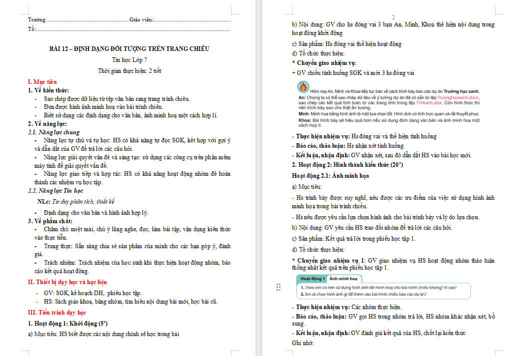 Giáo án Tin học 7 Bài 12: Định dạng đối tượng trên trang chiếu (PPT + Word)