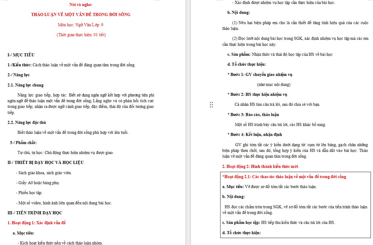 Giáo án Bài 1: Thảo luận về một vấn đề trong đời sống lớp 9 CTST