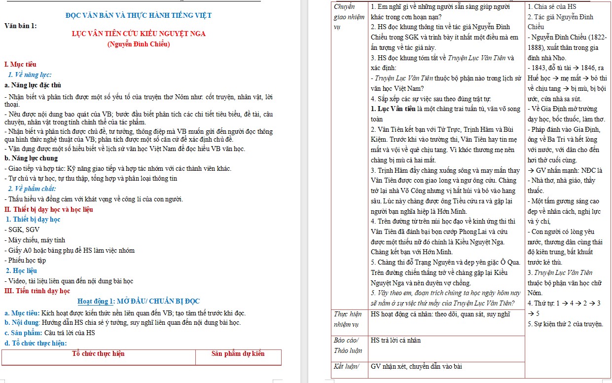 Giáo án Bài Lục Vân Tiên cứu Kiều Nguyệt Nga Ngữ văn 9 CTST