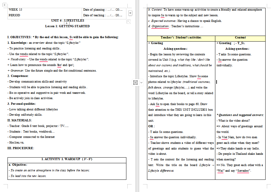 Giáo án Tiếng Anh 8 Unit 6 Getting Started (PPT + Word)